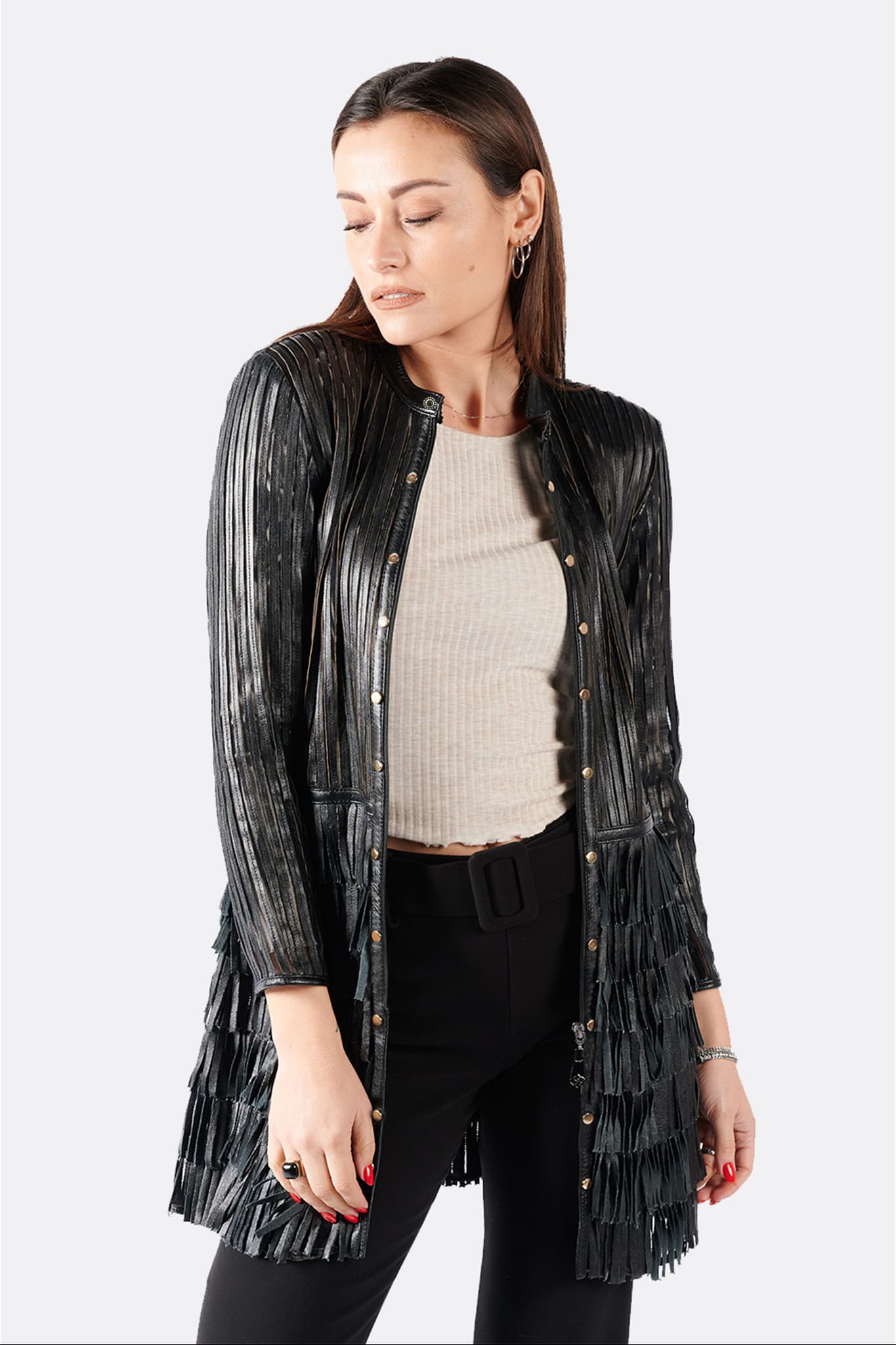 Black Leather Fringed Studs and Zip Jacket | Barone Firenze